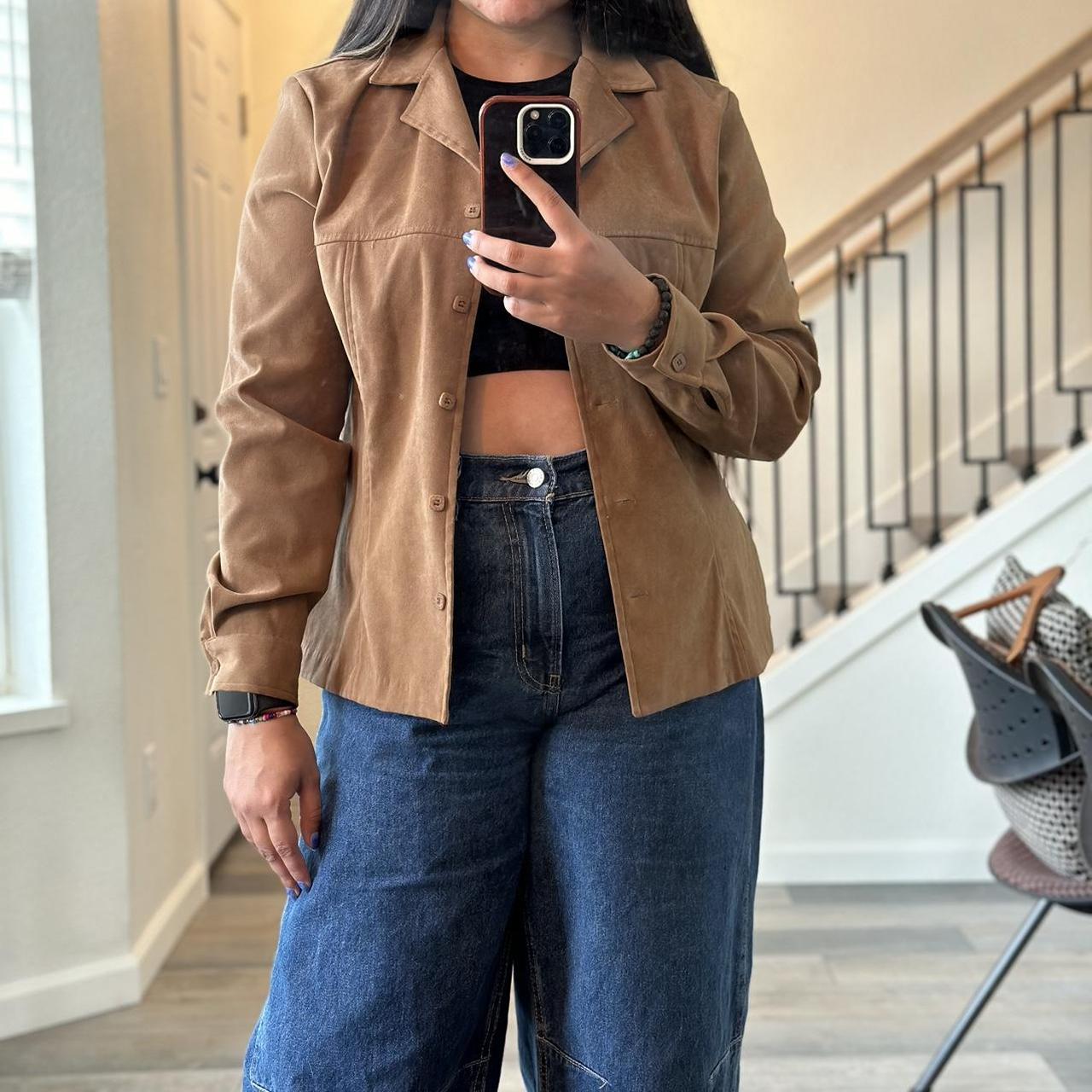 Tan faux suede jacket, perfect for spring! Brand:... - Depop