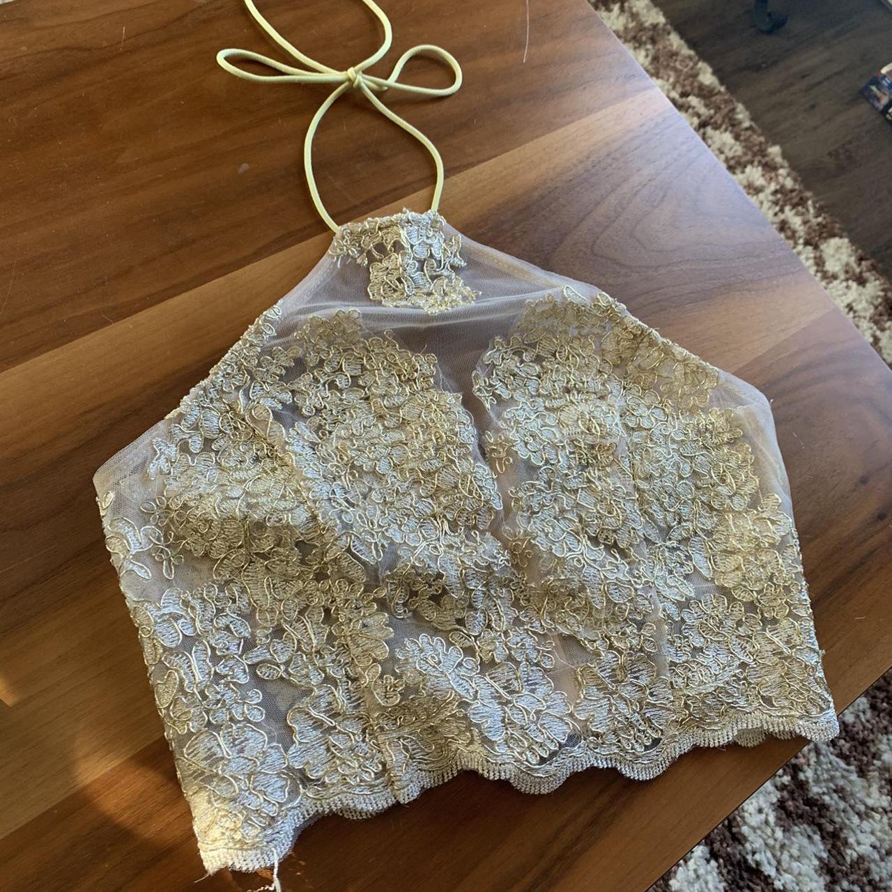 Beautiful crop top, high neck, sleeveless gold top.... - Depop