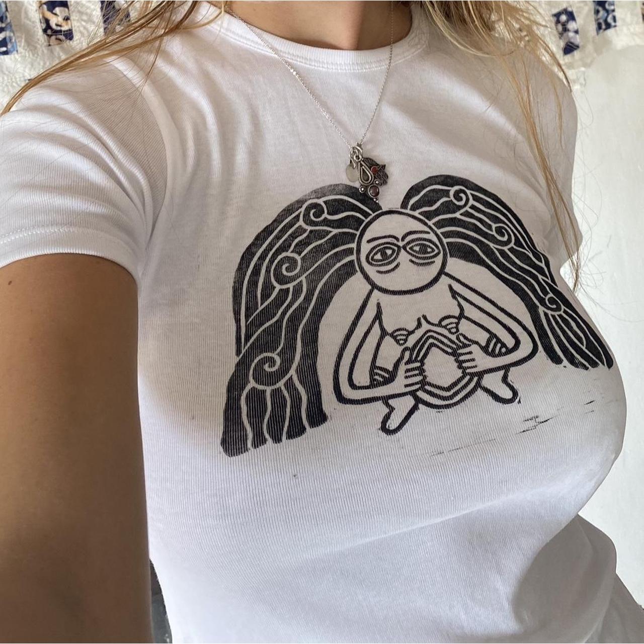 Hand printed Sheela na gig white Baby tee... - Depop