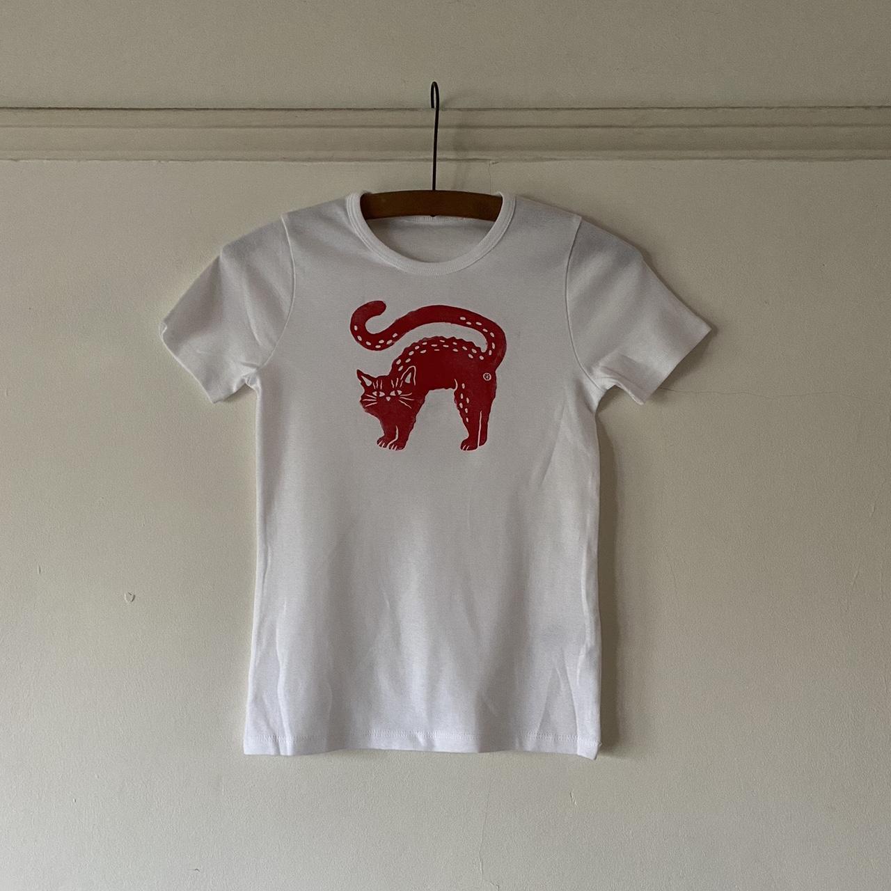 Hand made red Cat print white Baby tee :) Hand... - Depop