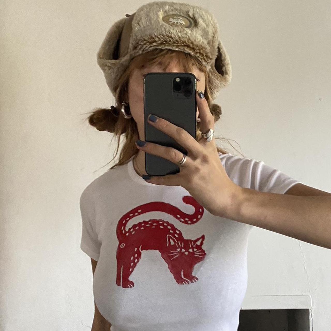 Hand made red Cat print white Baby tee :) Hand... - Depop