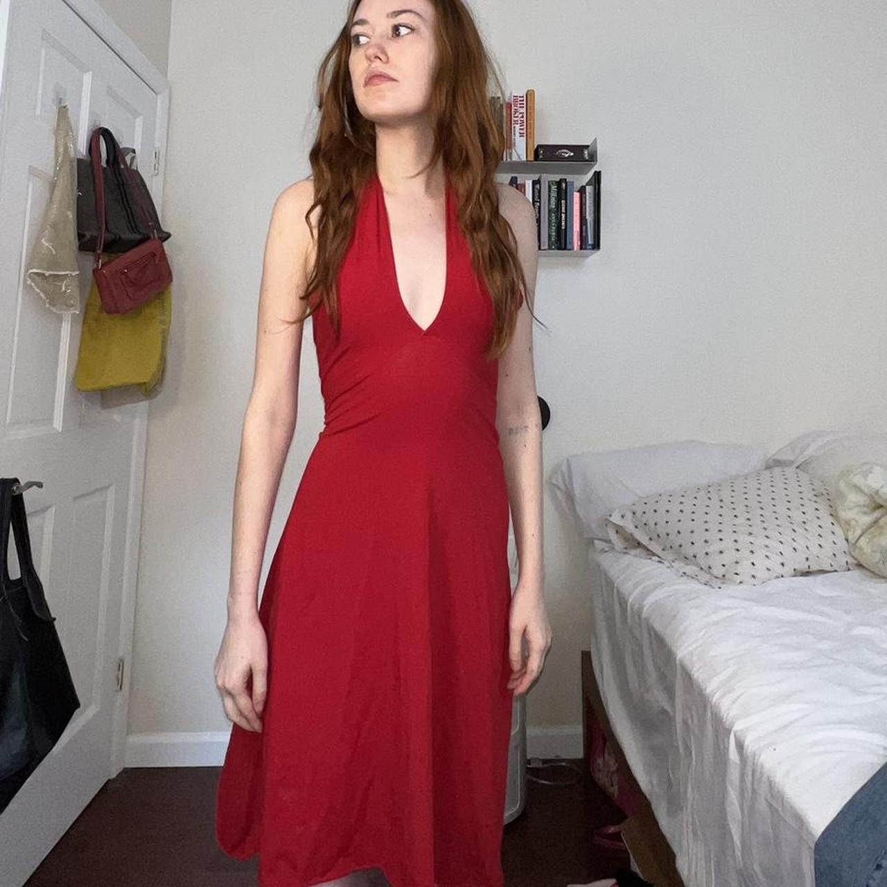 Red deep v-neck halter dress from American Apparel,... - Depop