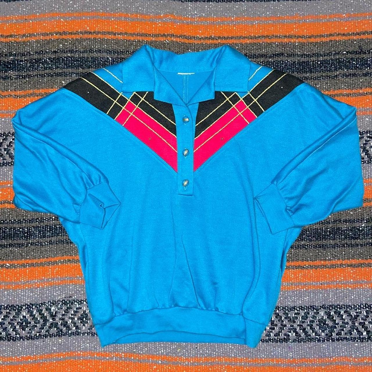Vintage 80s Blue, Pink, & Black Collared 3-Button... - Depop