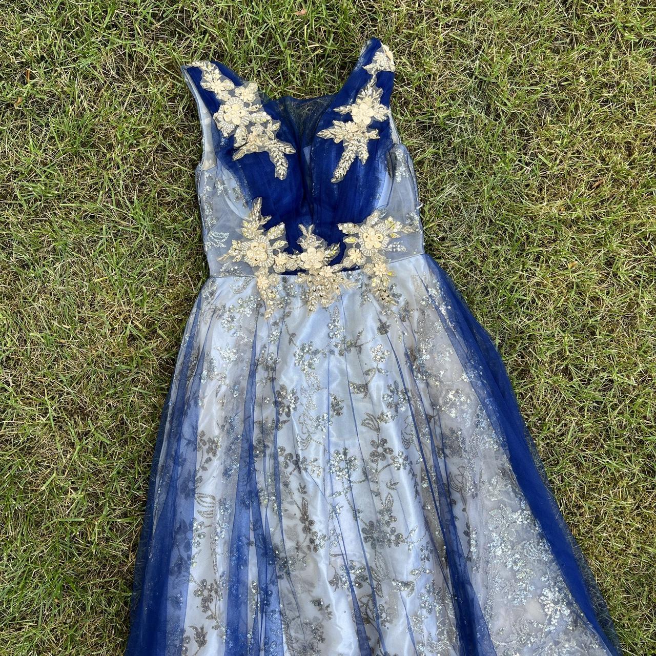 sparkly blue white and gold formal prom gown / dress... - Depop