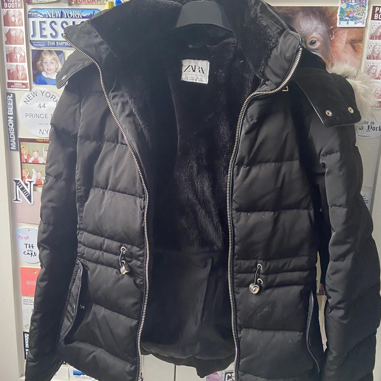 Zara black puffer coat with fur hood, size small,... - Depop