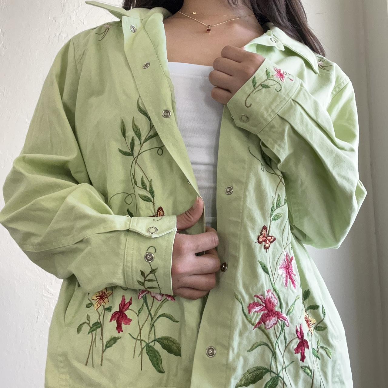 Light green jacket with pink floral pattern Colors... - Depop Light green jacket with pink floral pattern Colors... - Depop