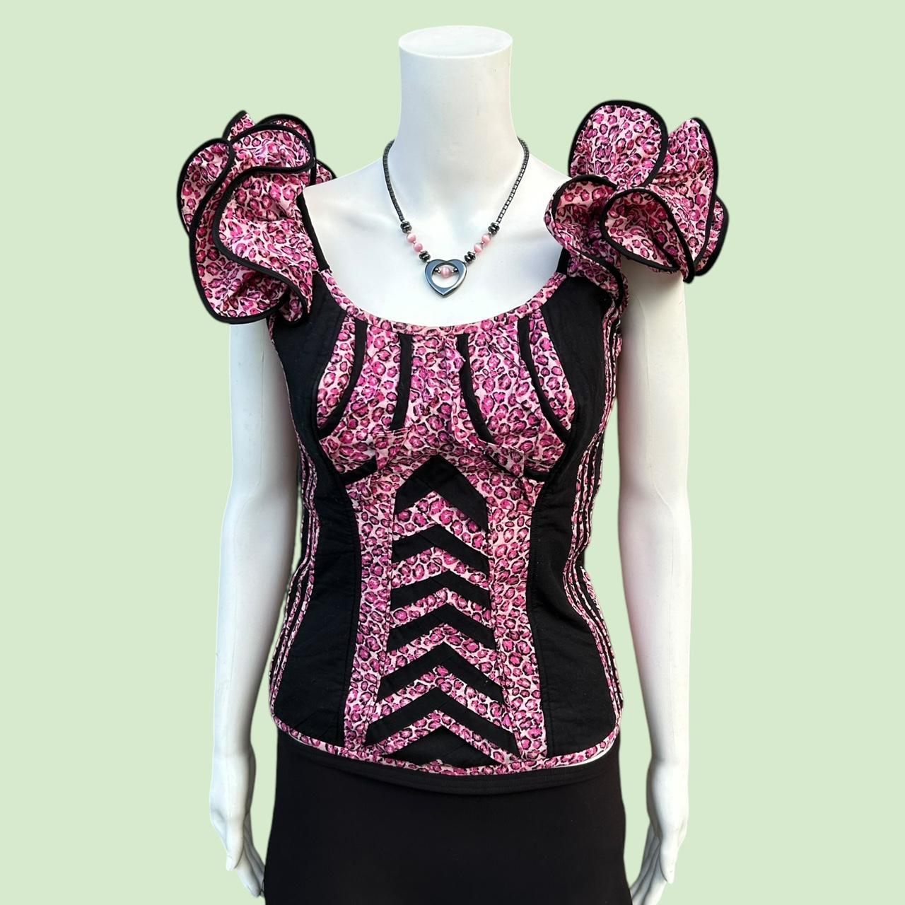 vintage y2k pink leopard corset ruffled puffy... | Depop
