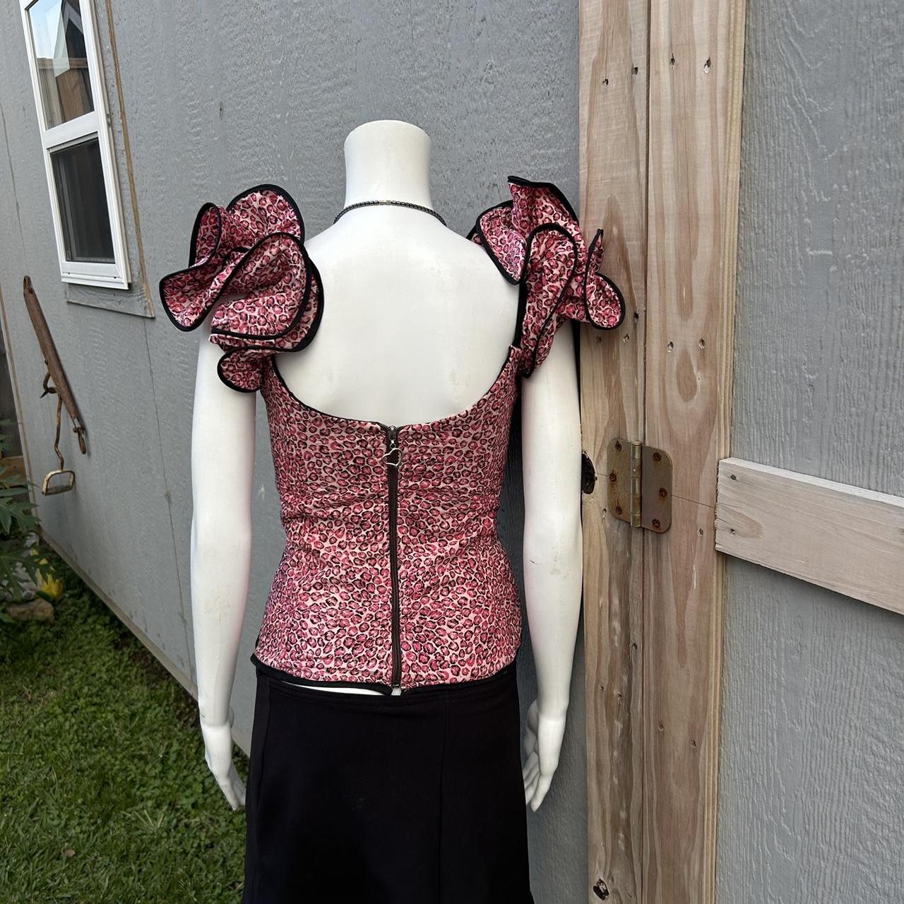 vintage y2k pink leopard corset ruffled puffy... | Depop