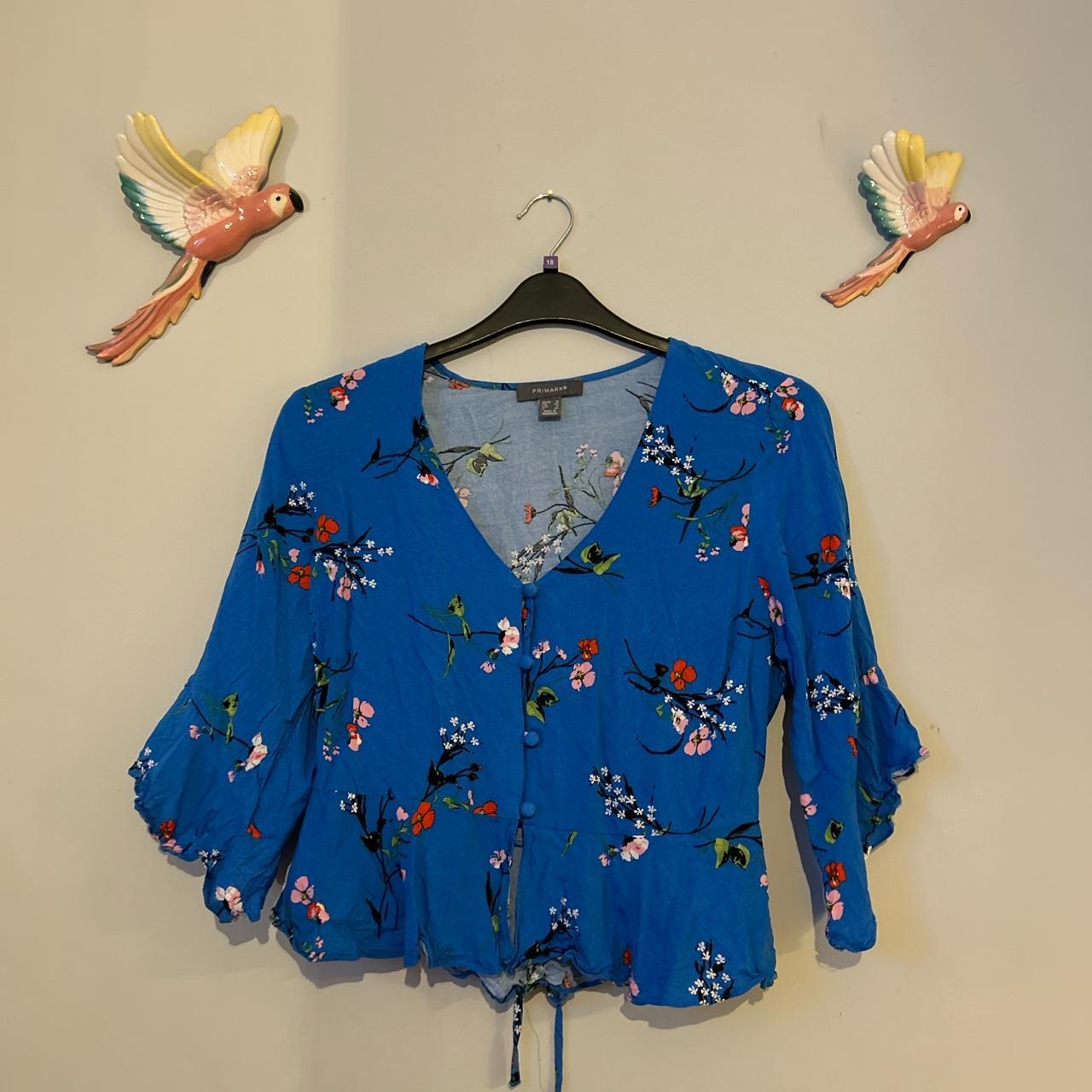 Primark blue floral top size 16. Cropped length top... - Depop