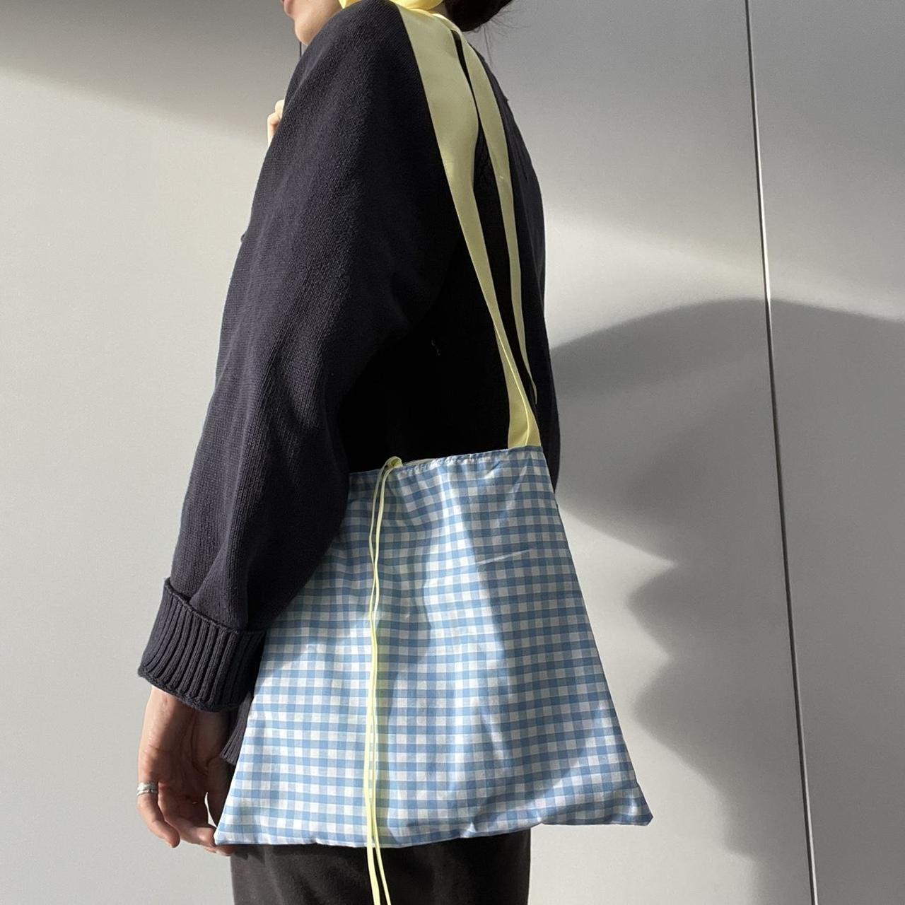 Handmade blue gingham cotton side bag / crossbody... - Depop