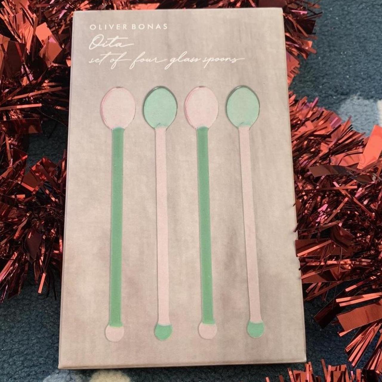 Oliver Bonas pink & green glass spoons | pack of 4... - Depop