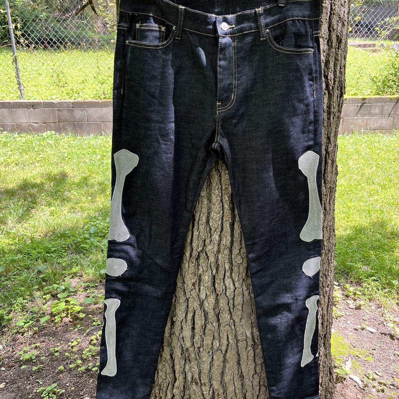 MNML Embroidered Bone Denim Pants Size... - Depop