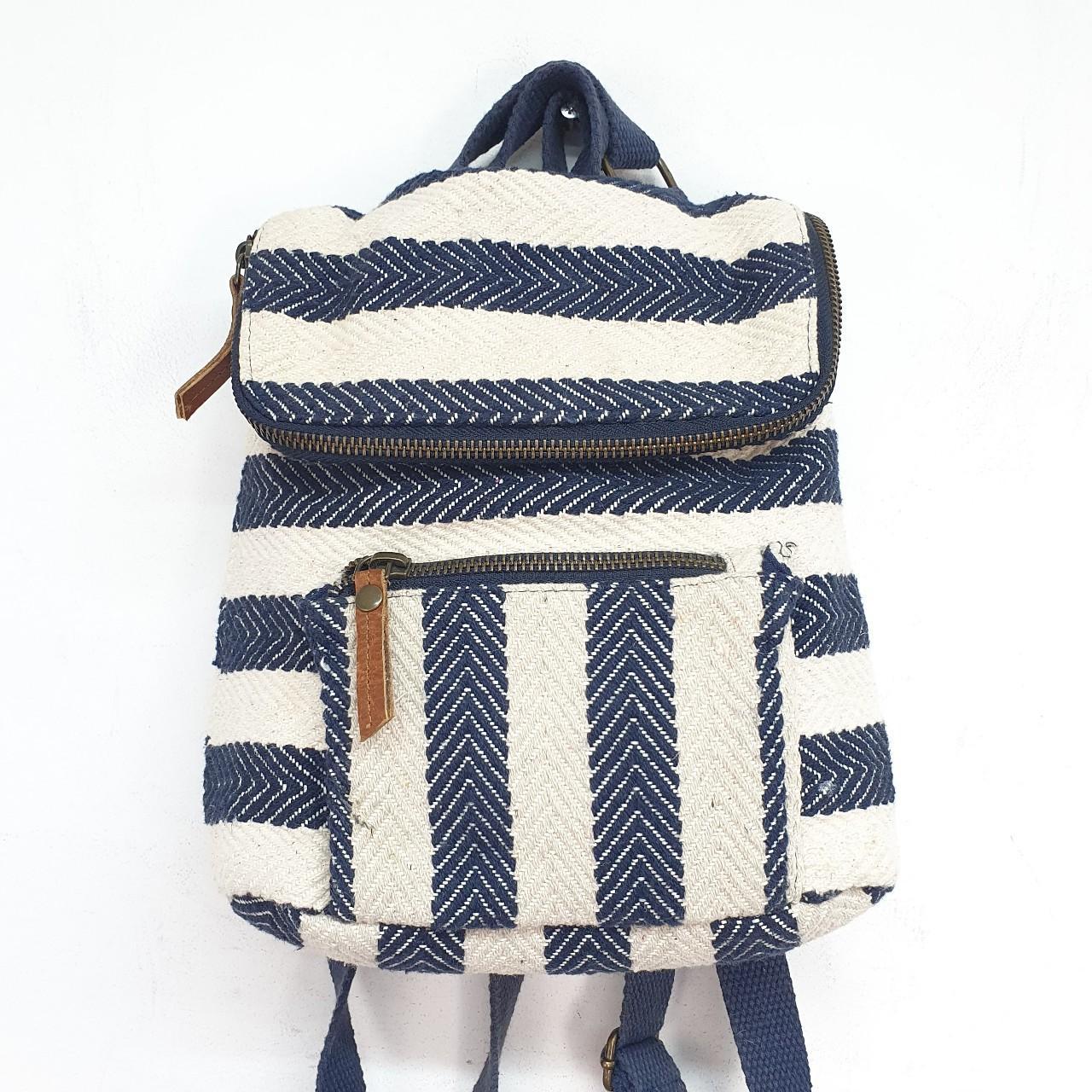 Fatface Rucksack Navy Blue Cream Canvas Zip Closure... - Depop