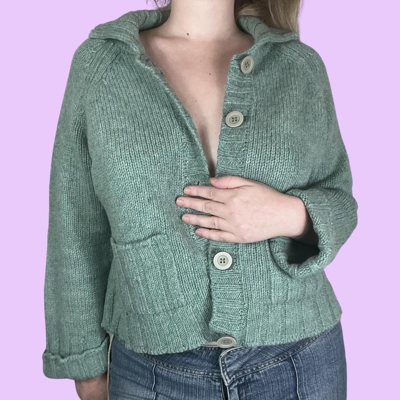 90s vintage blue pure new wool chunky knit cardigan.... - Depop