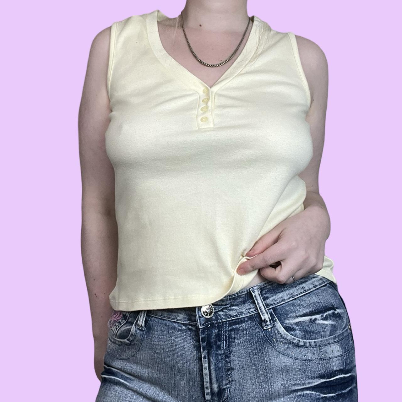 Y2K vintage pastel yellow vest top with button... | Depop
