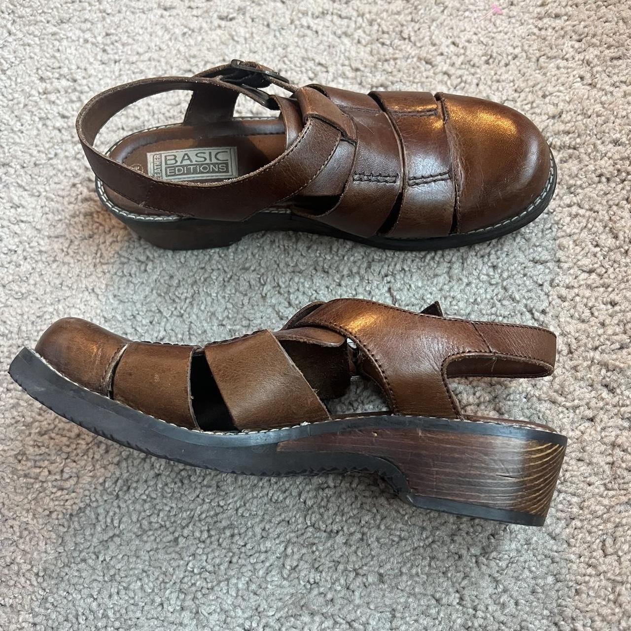 Brown leather sandals - adjustable strap - wood... - Depop