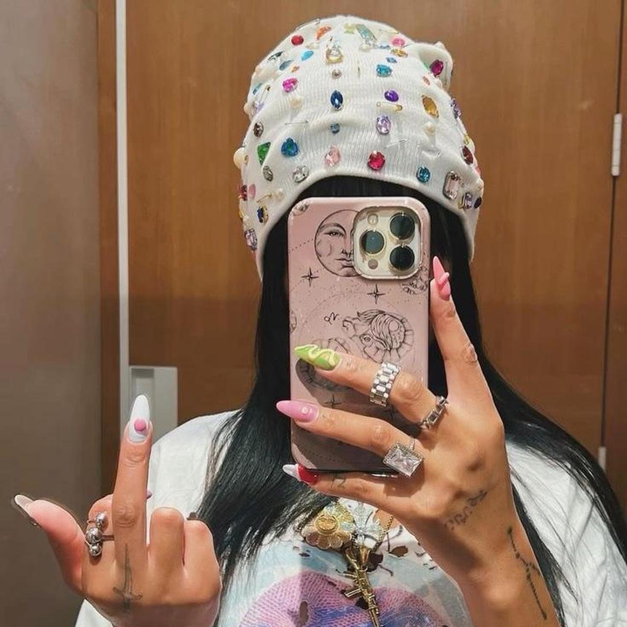 Custom Handmade White beanie with rhinestones gems... | Depop