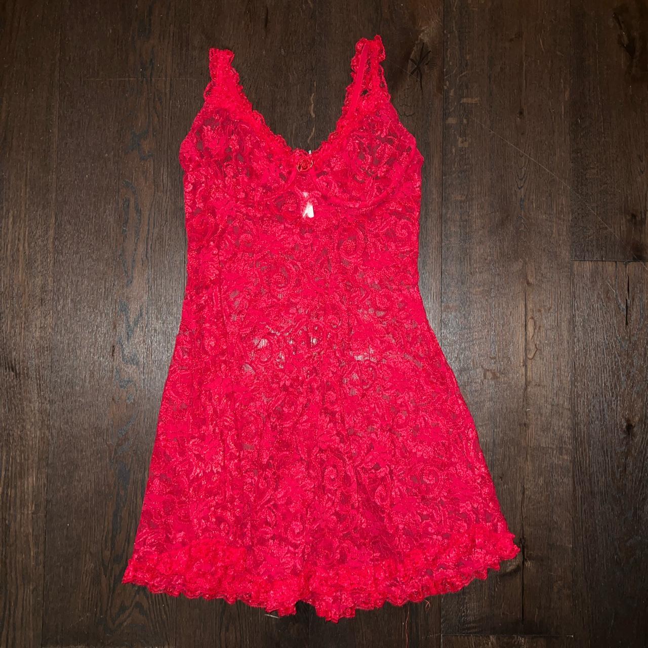 Vintage red lace teddy dress with rosette Marked... - Depop