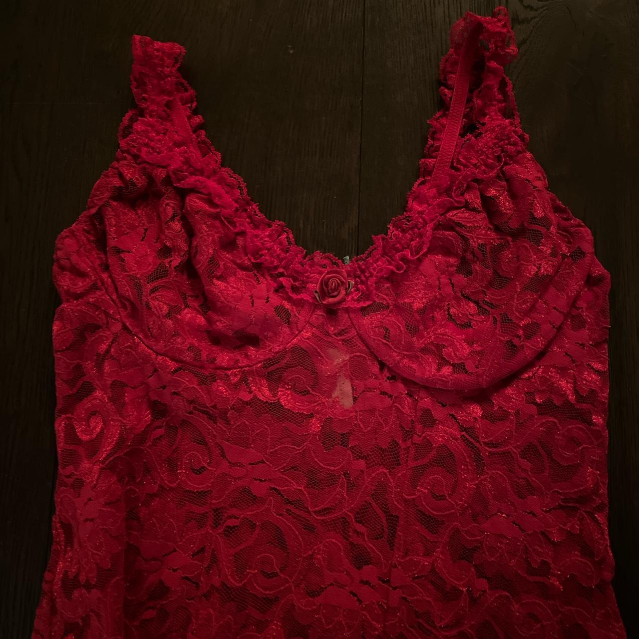 Vintage red lace teddy dress with rosette Marked... - Depop