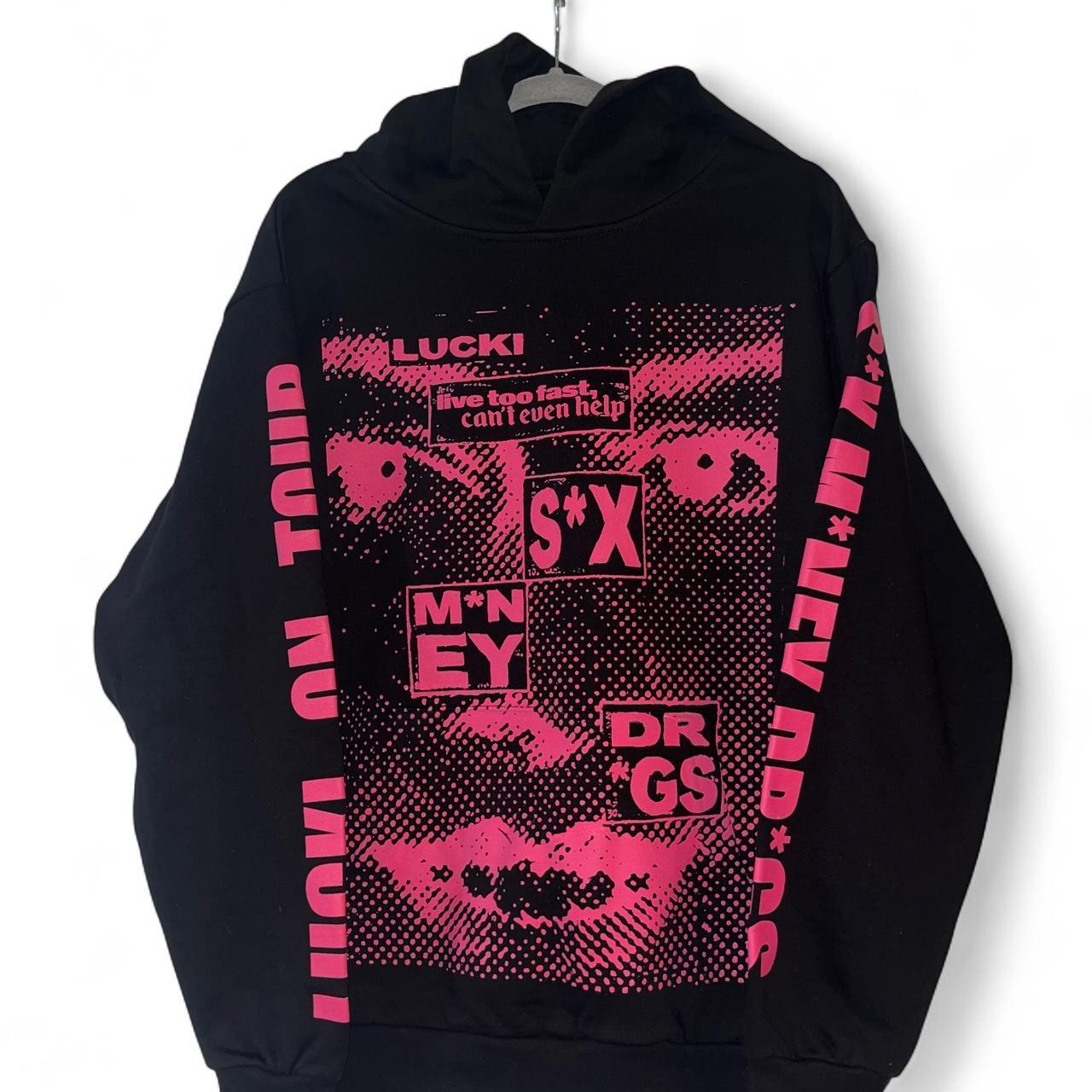 Black and pink Lucki SMD tour hoodie Size: Medium... | Depop