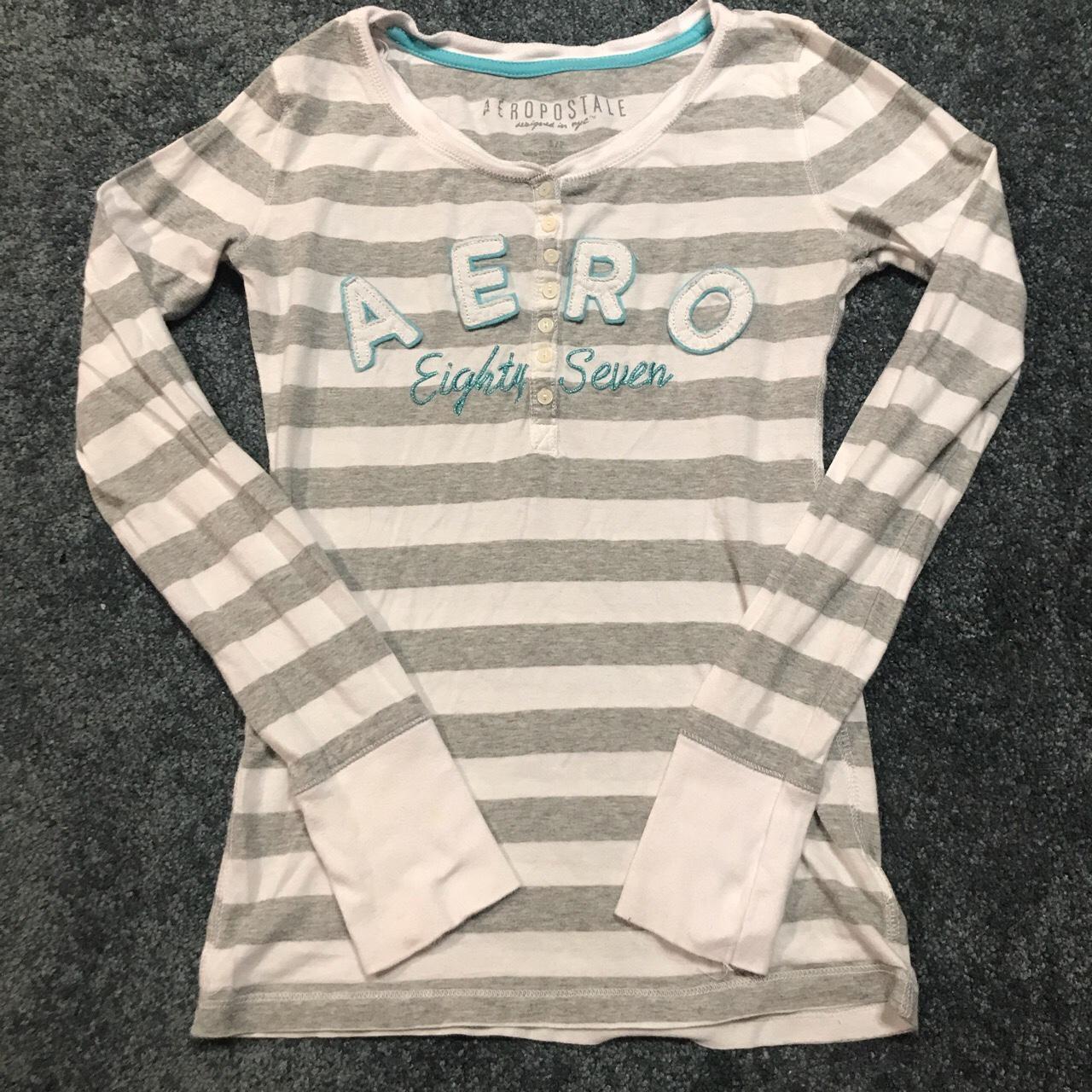 Aeropostale grey & white striped long-sleeve shirt... - Depop