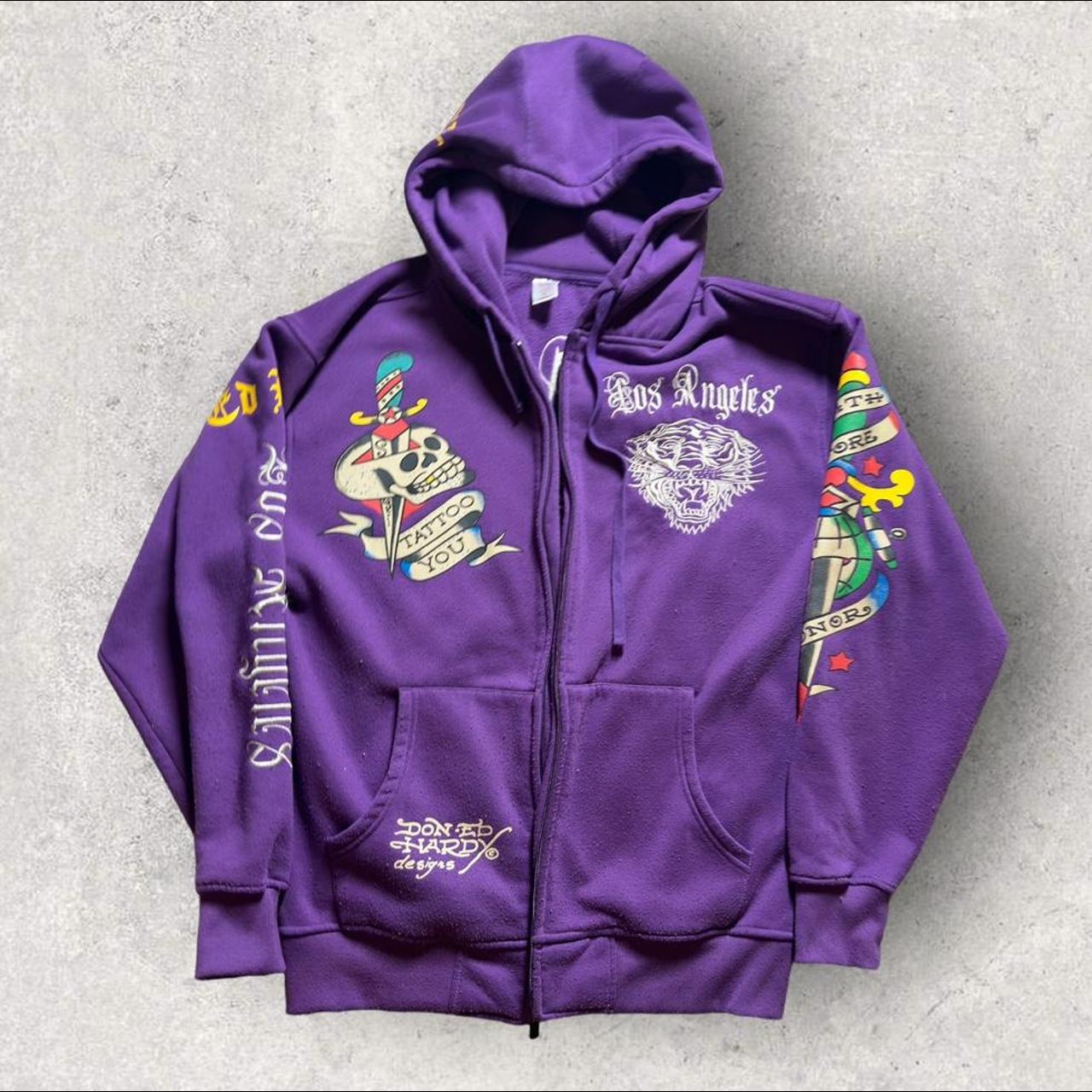 y2k purple all over print cyber mall core ed hardy... - Depop