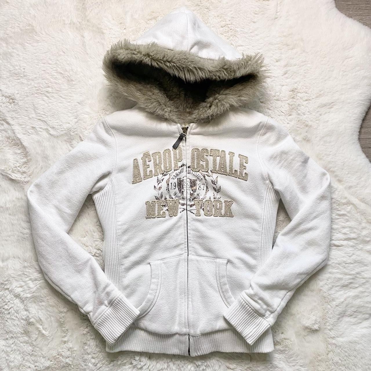 Aeropostale Women's White and Brown Jacket | Depop