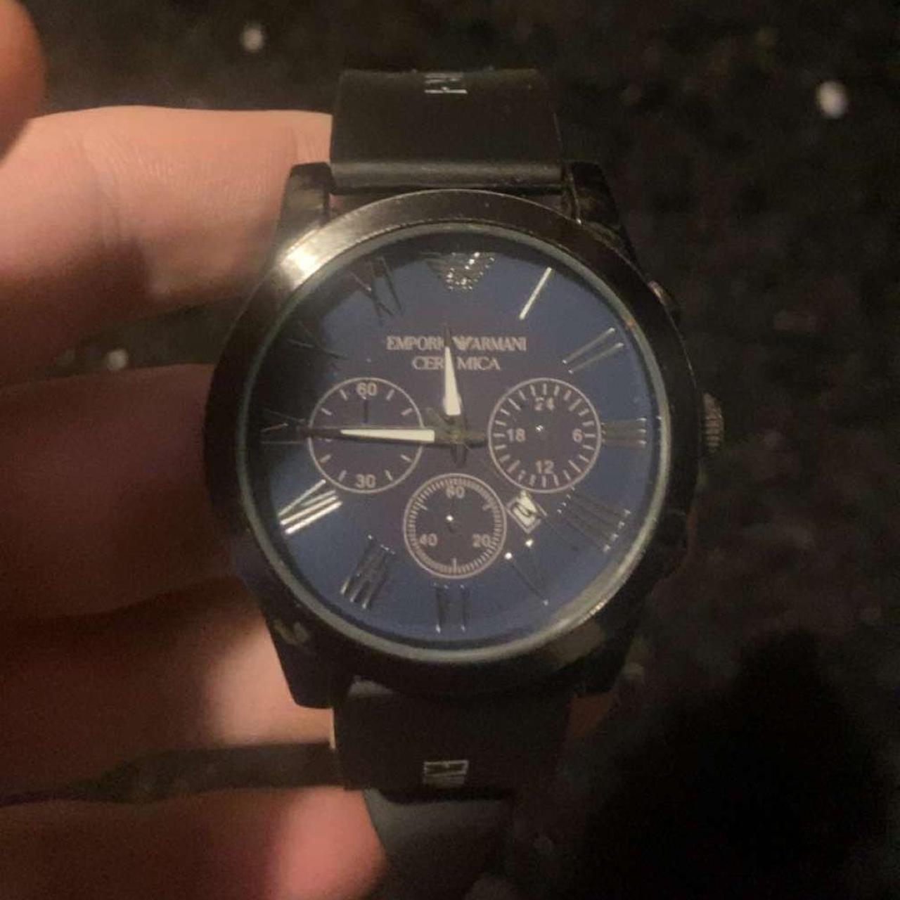 Black Armani watch with blue face dial and rubber... - Depop