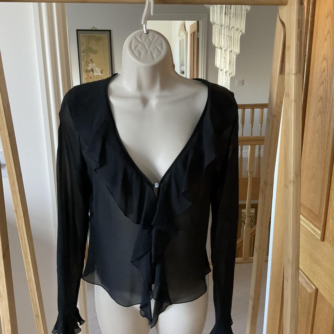 Vintage Y2K Black silk ruffle top V neck with ruffle... - Depop