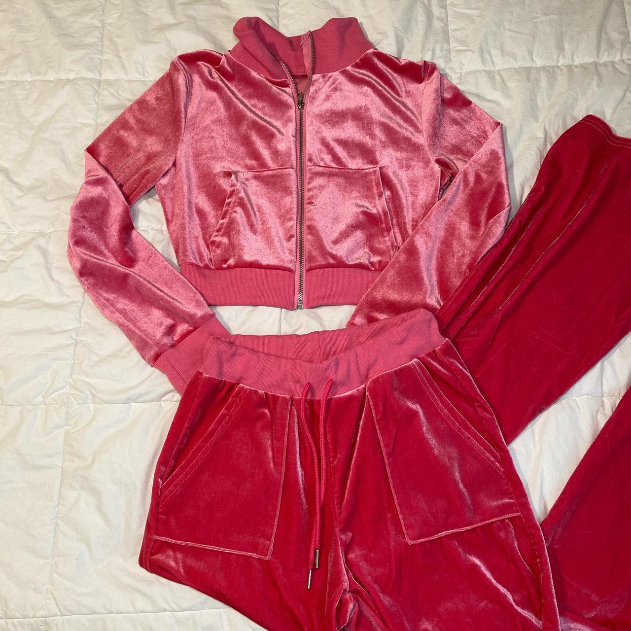 pink velour jacket and pants set, super comfy like... | Depop