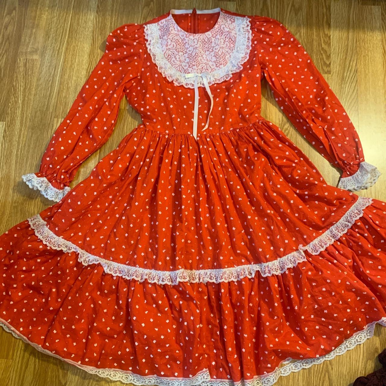 Red handmade prairie dress with lace detail. Long... - Depop