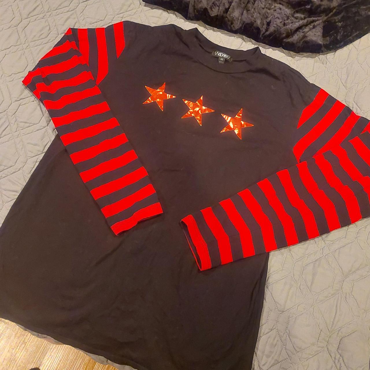 Triple star design striped black and red long sleeve... - Depop