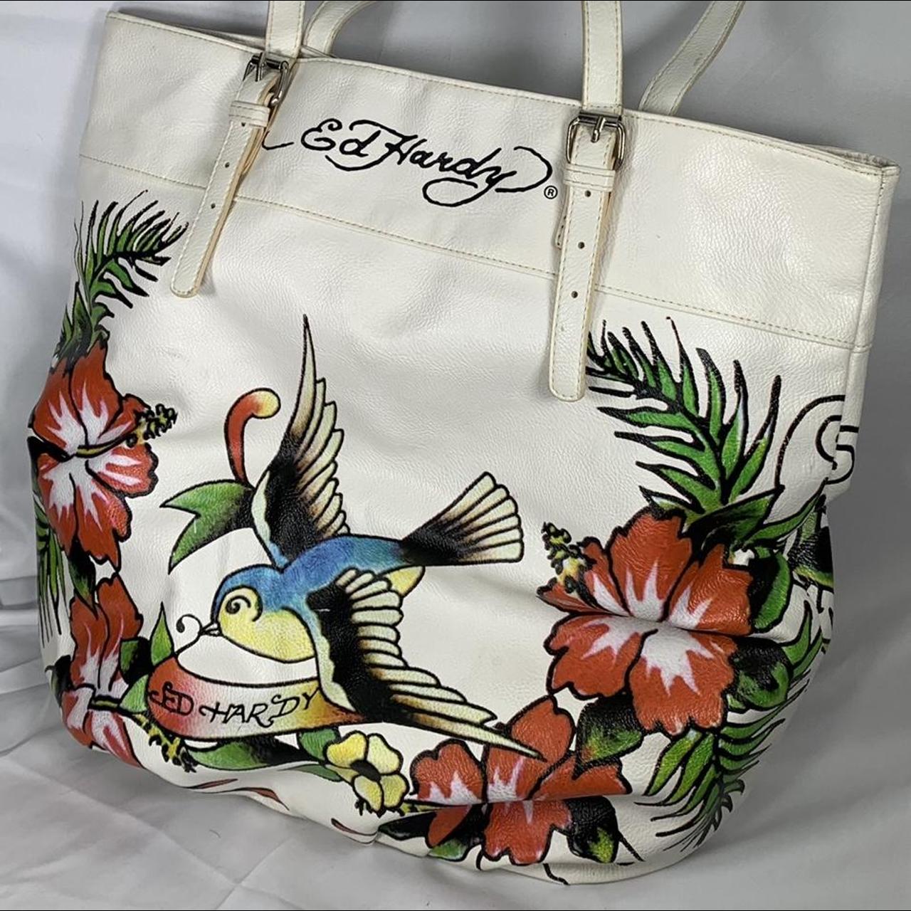 Ed Hardy Bird Sparrow Classic Tote White... - Depop