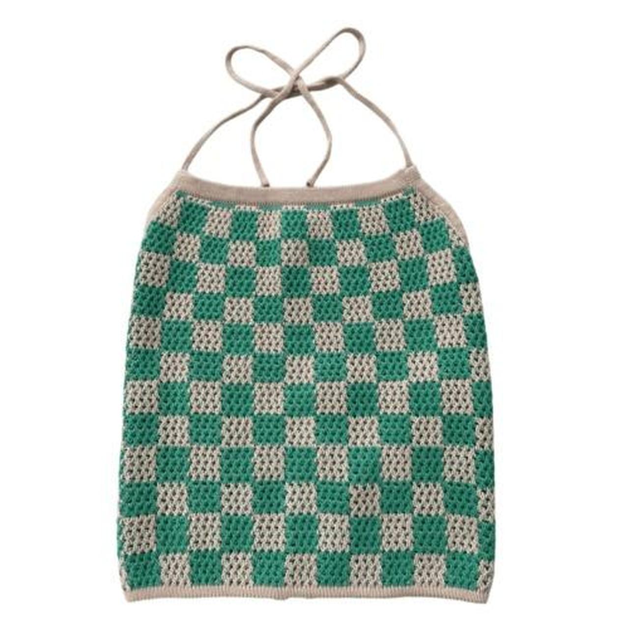1544 Earthbound Green Tan Checkered Crochet Knitted... | Depop