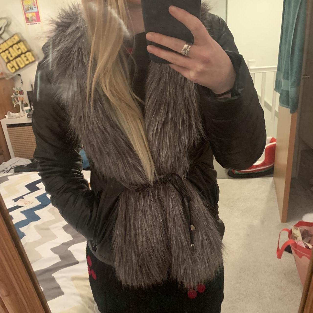 Cute fur line puffer jacket, tie up waist, one of... - Depop