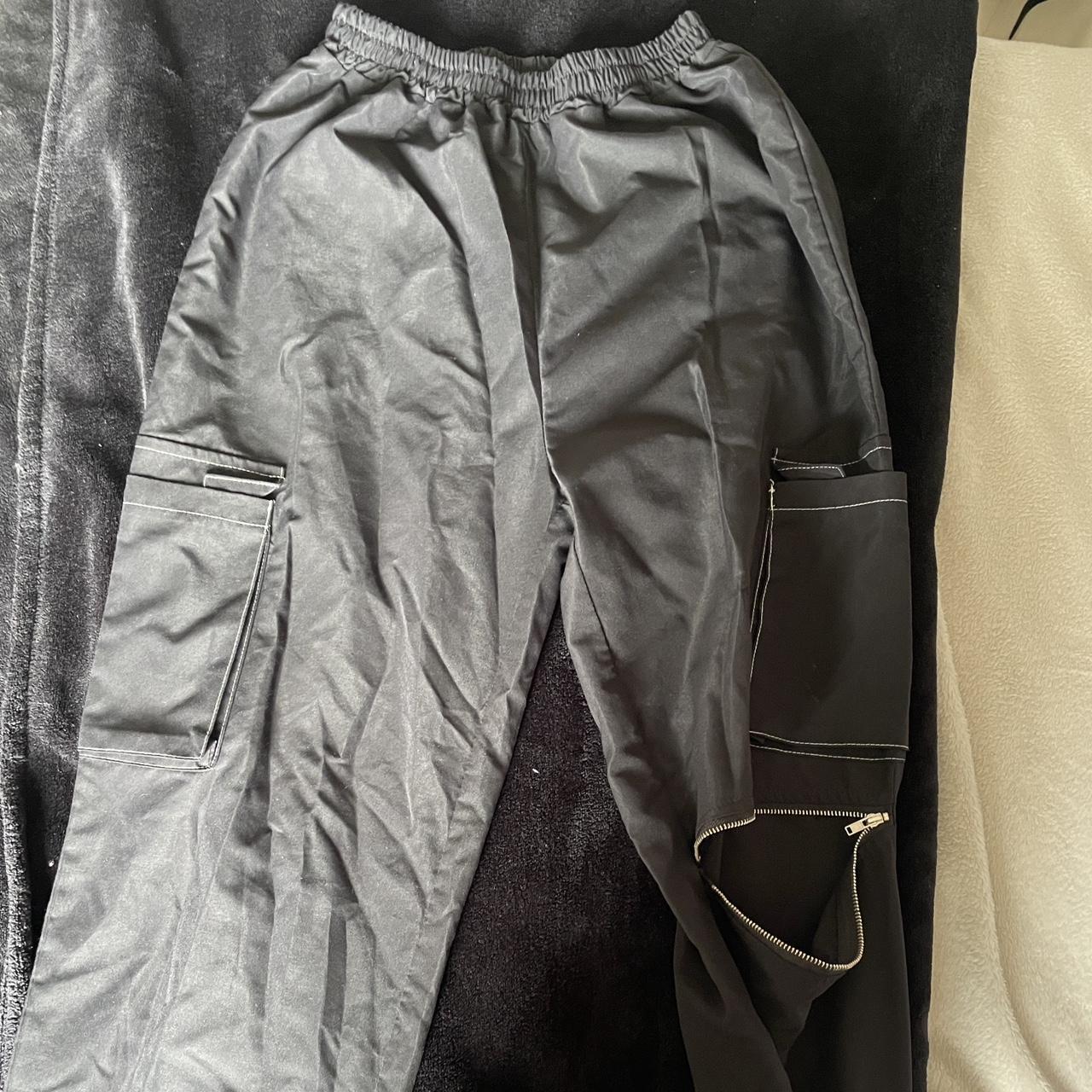 Black Polyester Cargo Pants with Knee Zipper - Depop