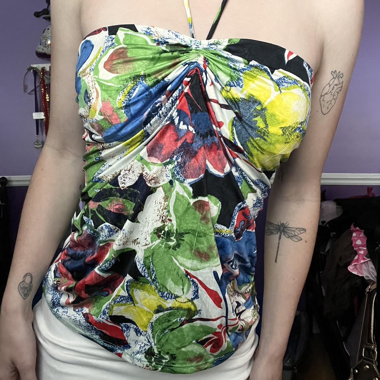 Super cute colourful floral halter top. Sinches in... | Depop