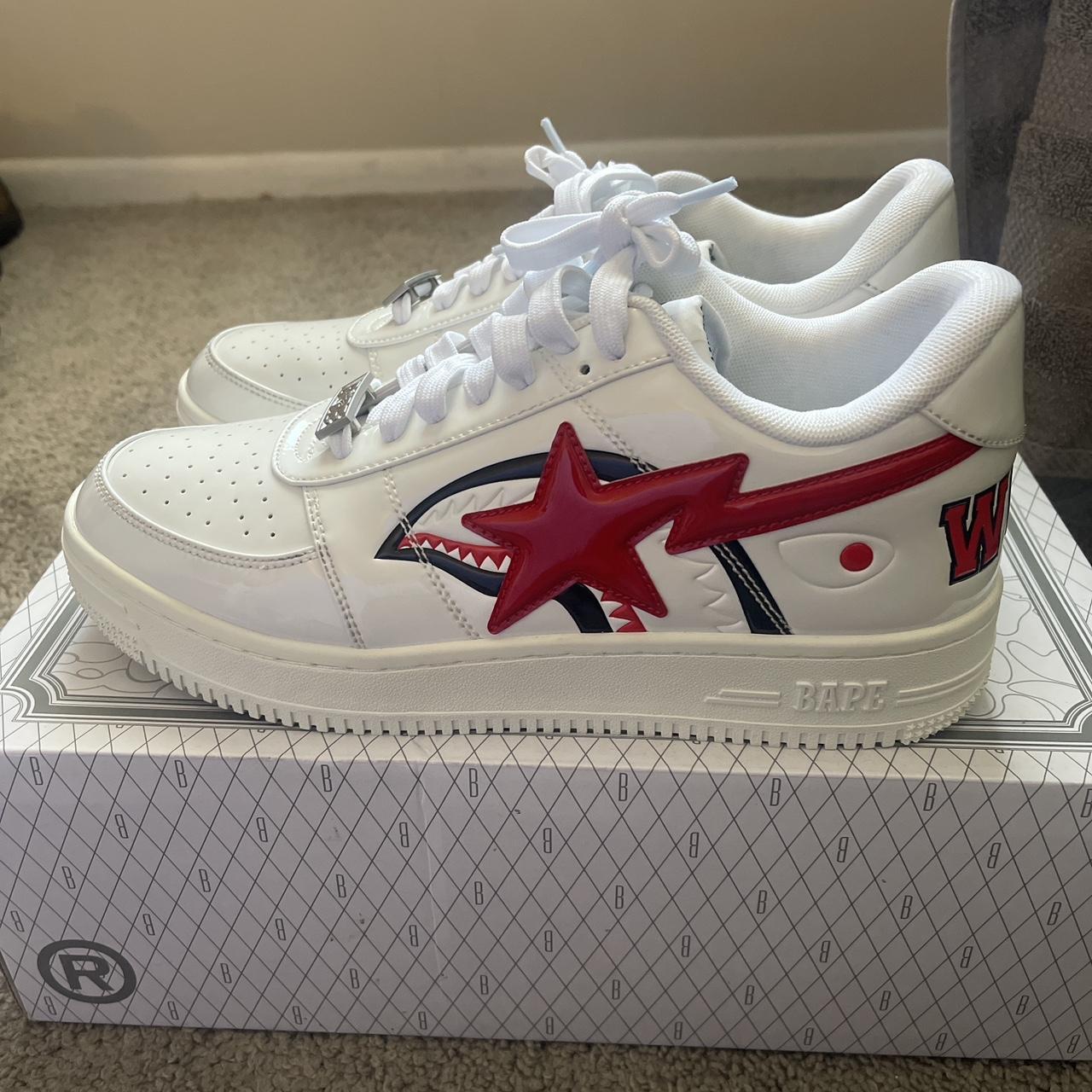 Used white shark bapestas. - Depop