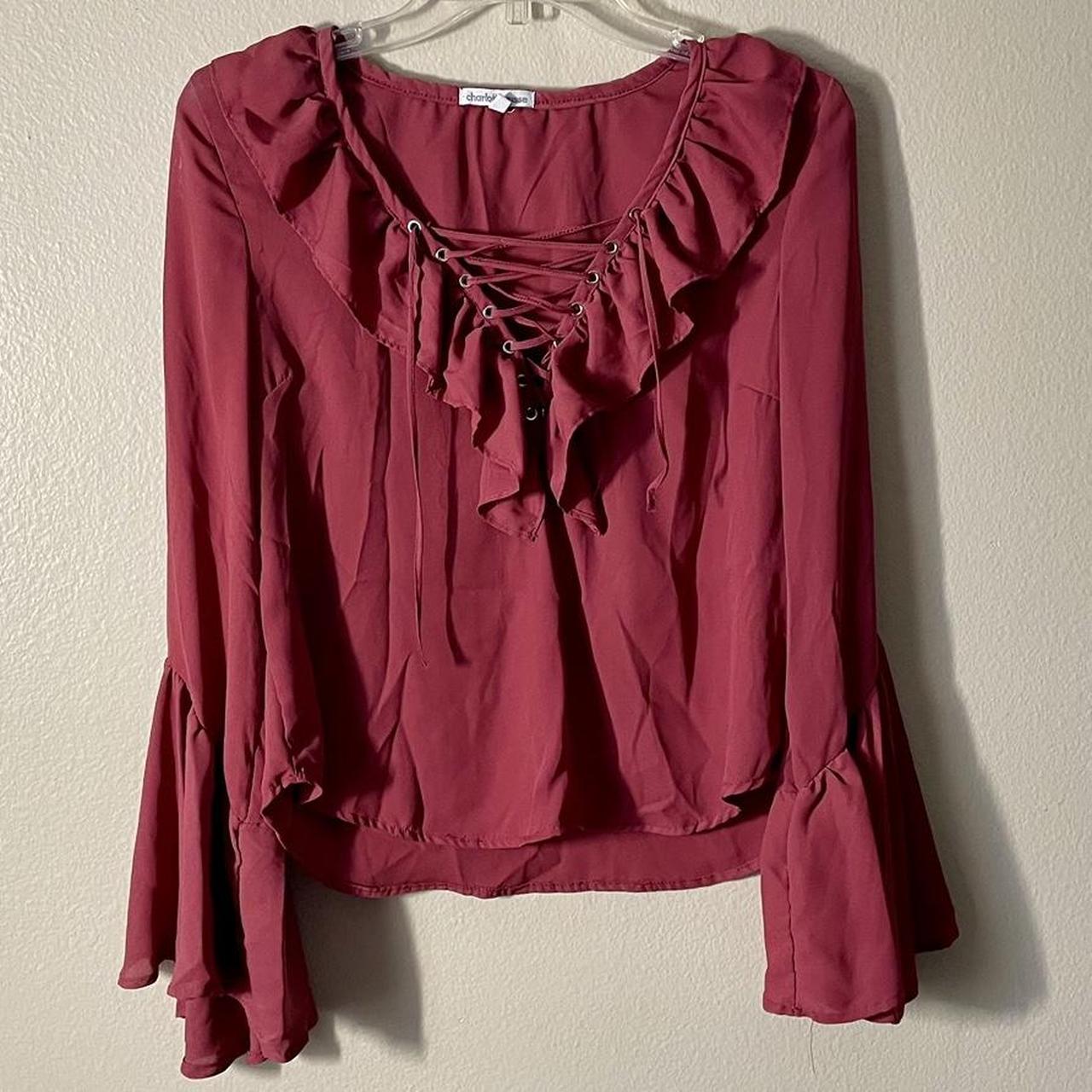 red lace up ruffle blouse - Depop