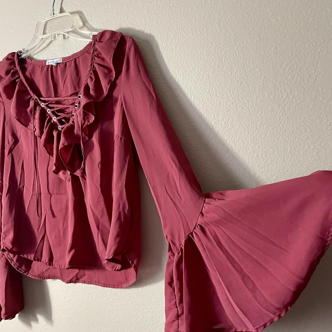 red lace up ruffle blouse - Depop