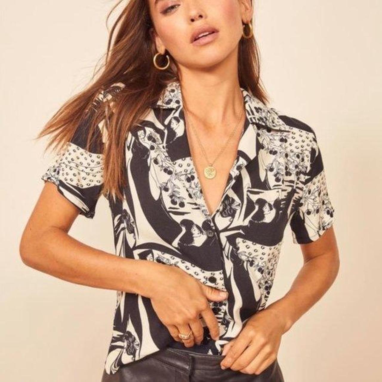 Reformation Women's Black and White Shirt | Depop