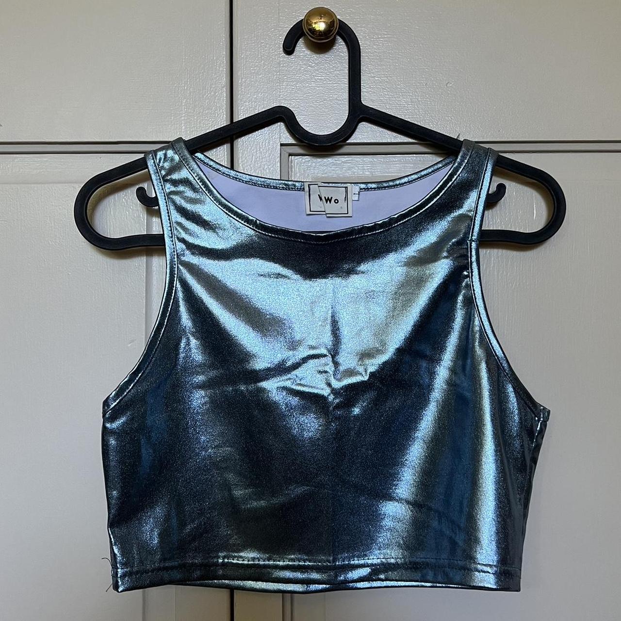 blue metallic shiny tank top - cropped, perfect for... - Depop
