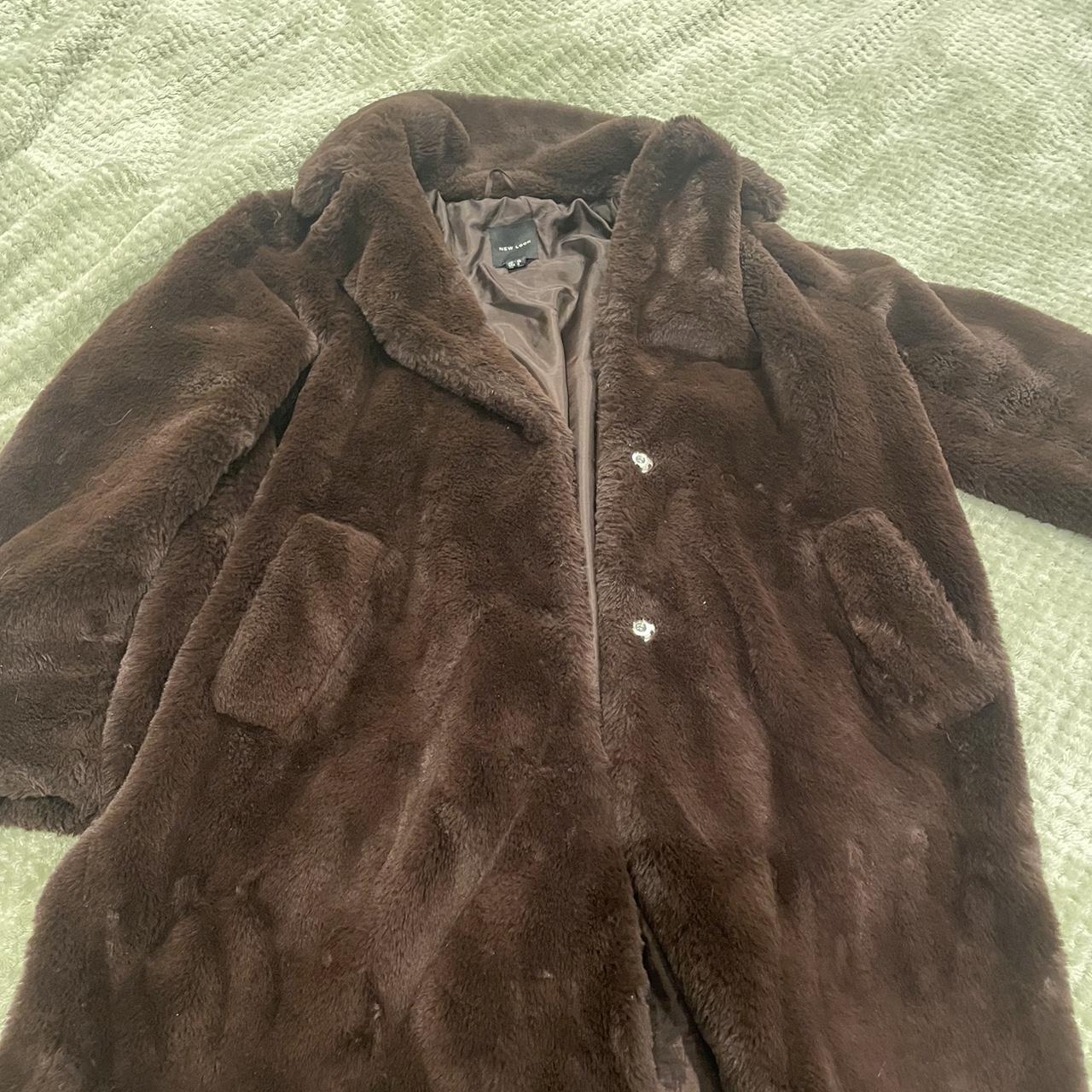 New look faux fur chocolate brown coat Size 12... - Depop