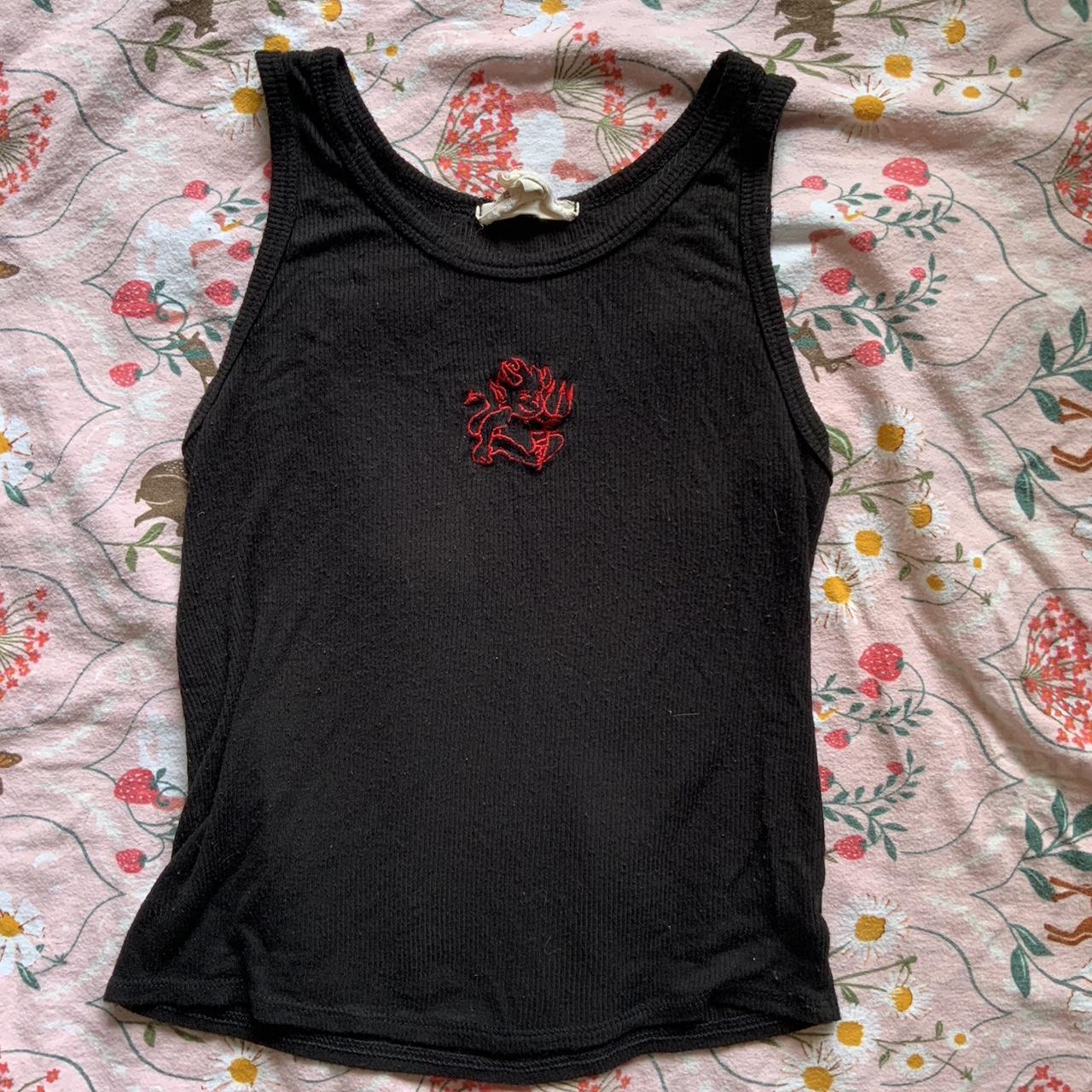 Cute embroidered black tank with a little devil on... - Depop