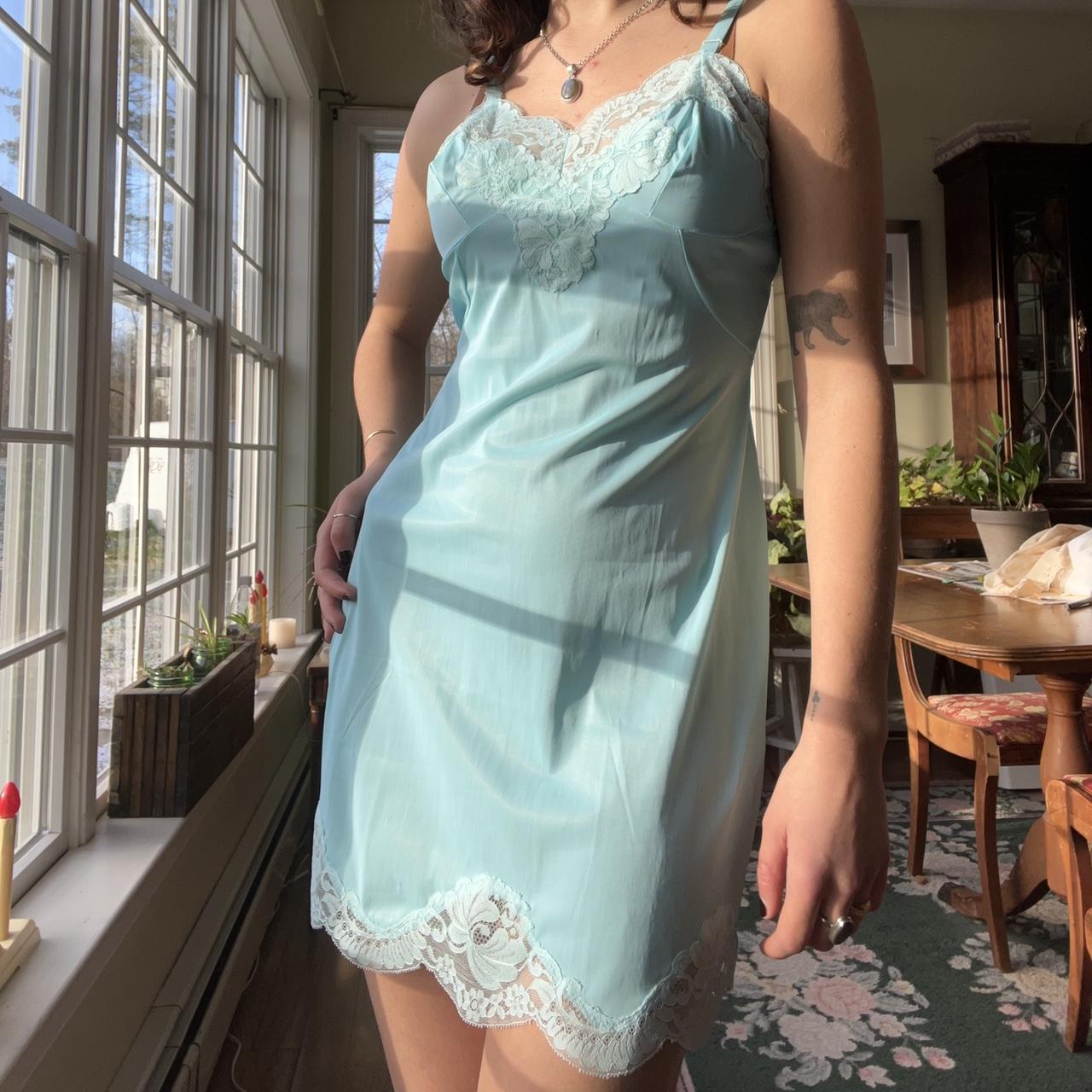 Vintage light teal blue lacy slip dress Sears brand... - Depop