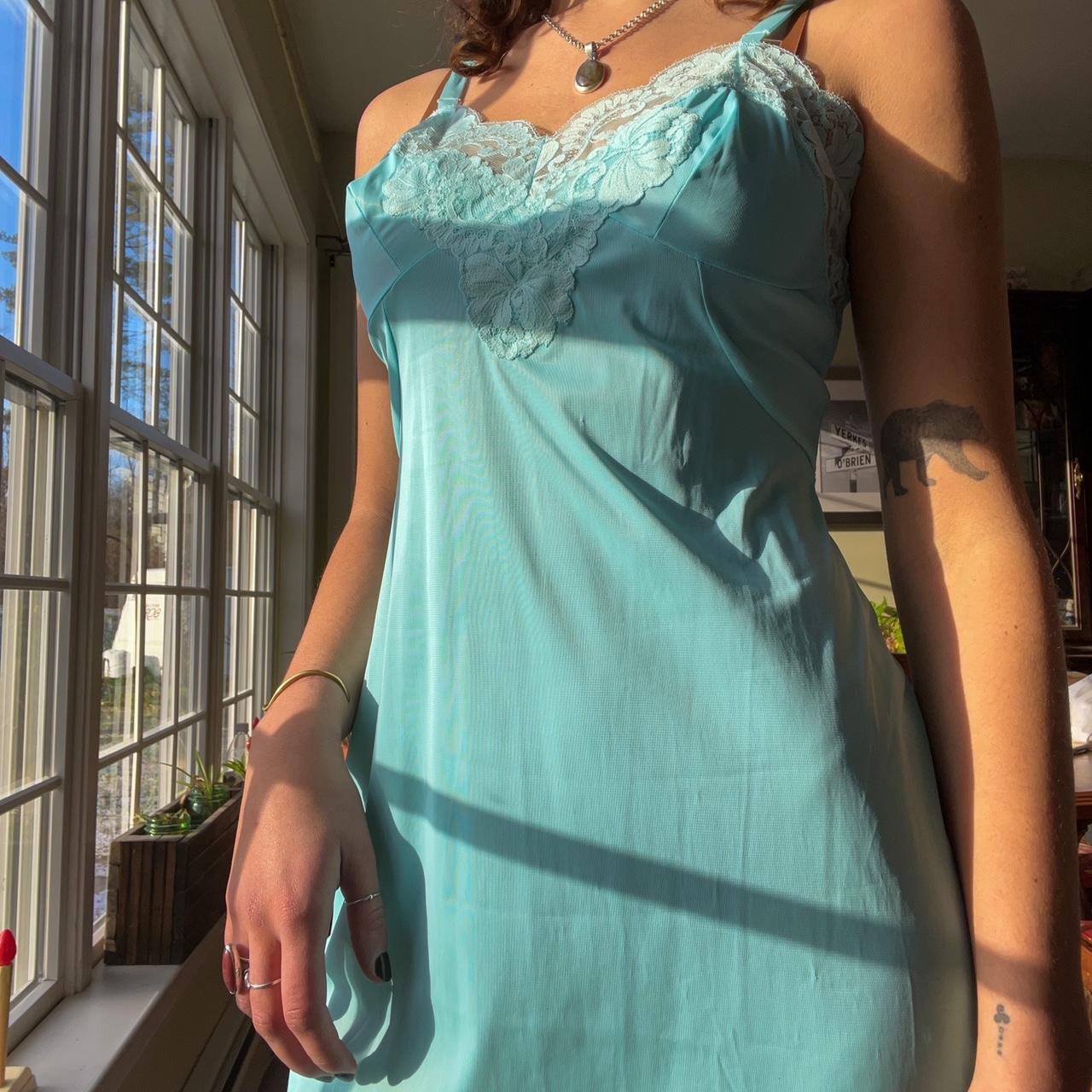 Vintage light teal blue lacy slip dress Sears brand... - Depop