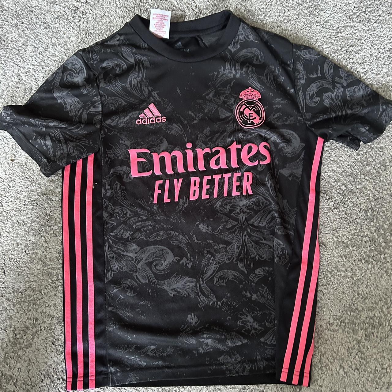 Real Madrid away kit black and pink size 13-14 years... | Depop