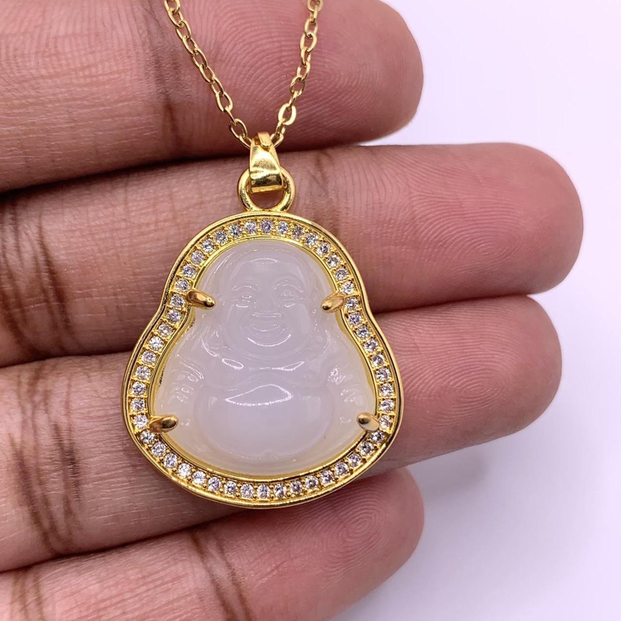 Gold White Jade Buddha Chain Necklace High quality... - Depop