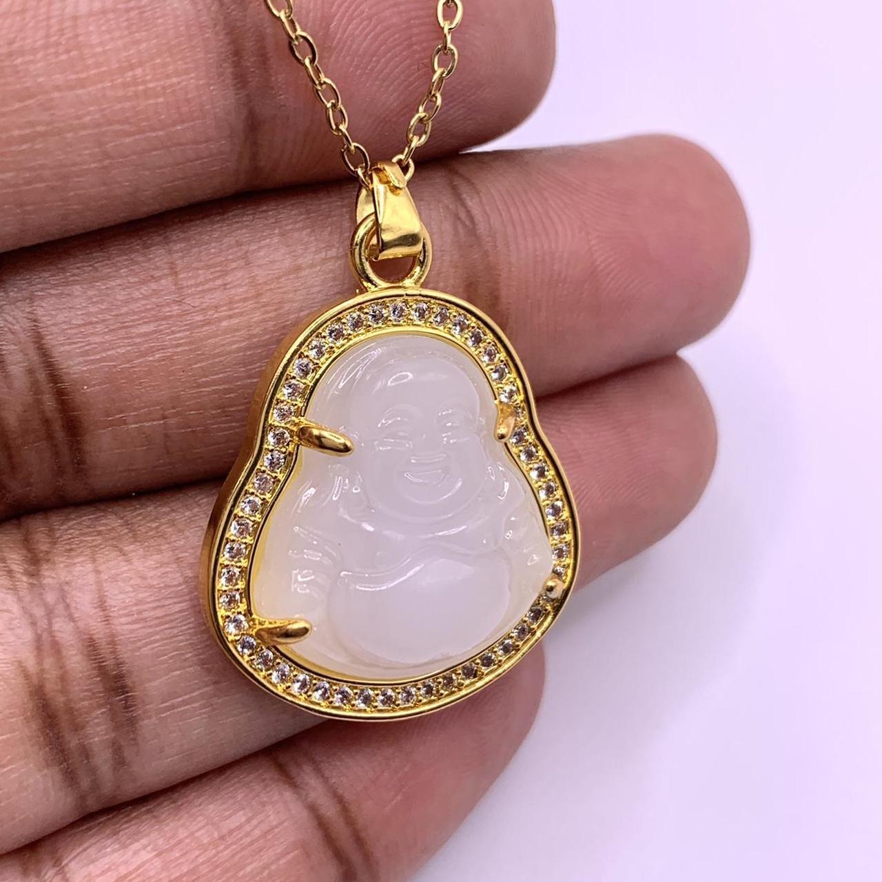 Gold White Jade Buddha Chain Necklace High quality... - Depop