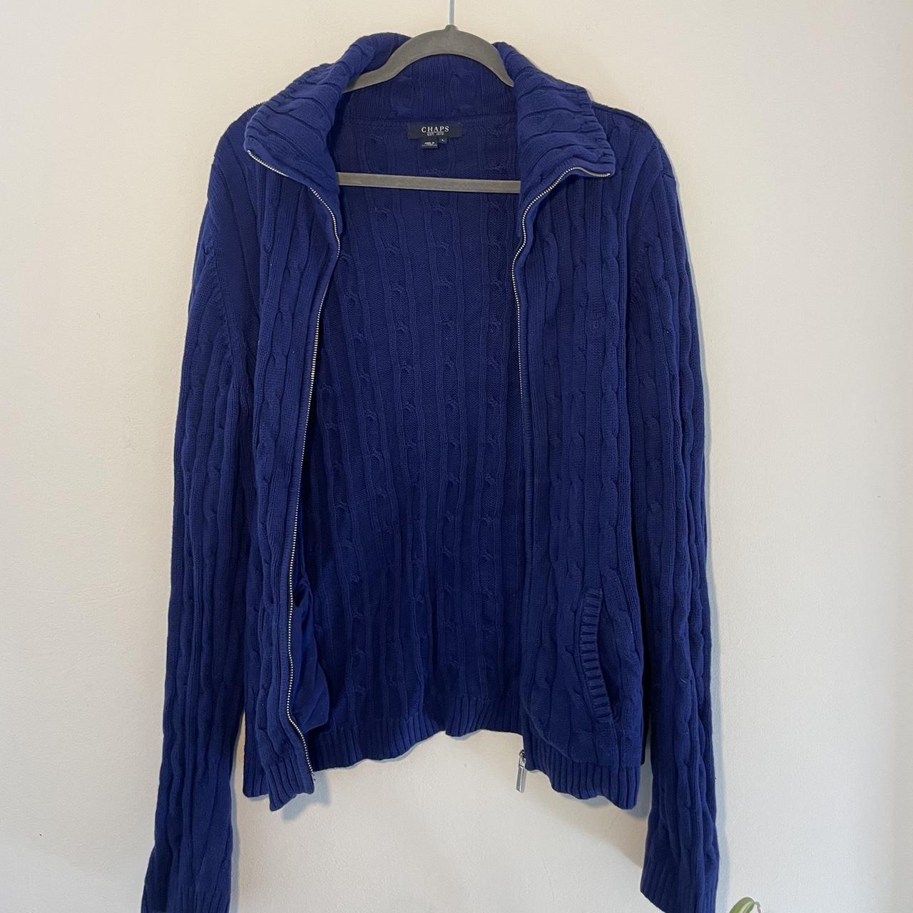 Blue knit Chaps cardigan. Size: L - Depop
